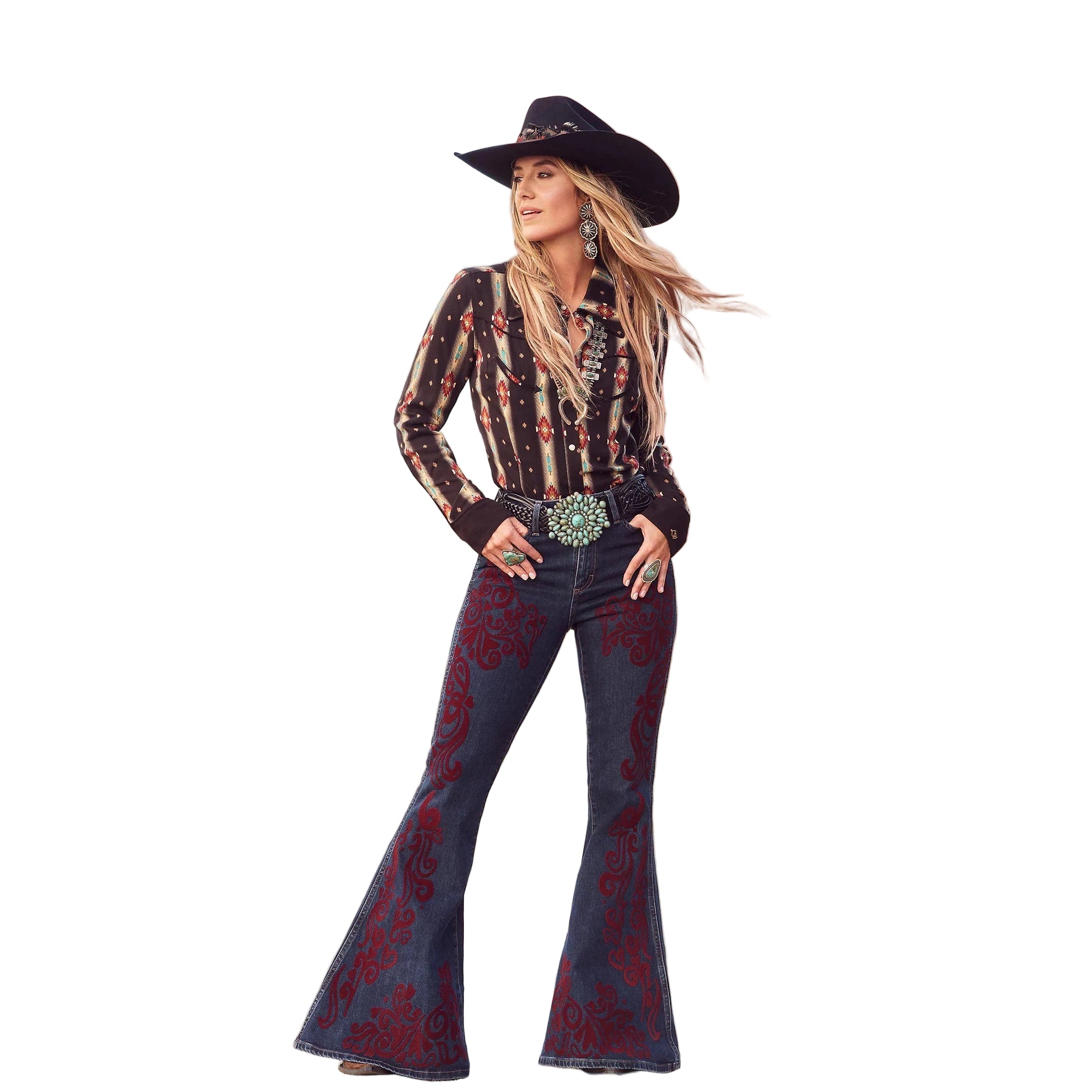 Wrangler Women's Lainey Wilson Vintage Flock Flare - Maroon Dark Wash ...