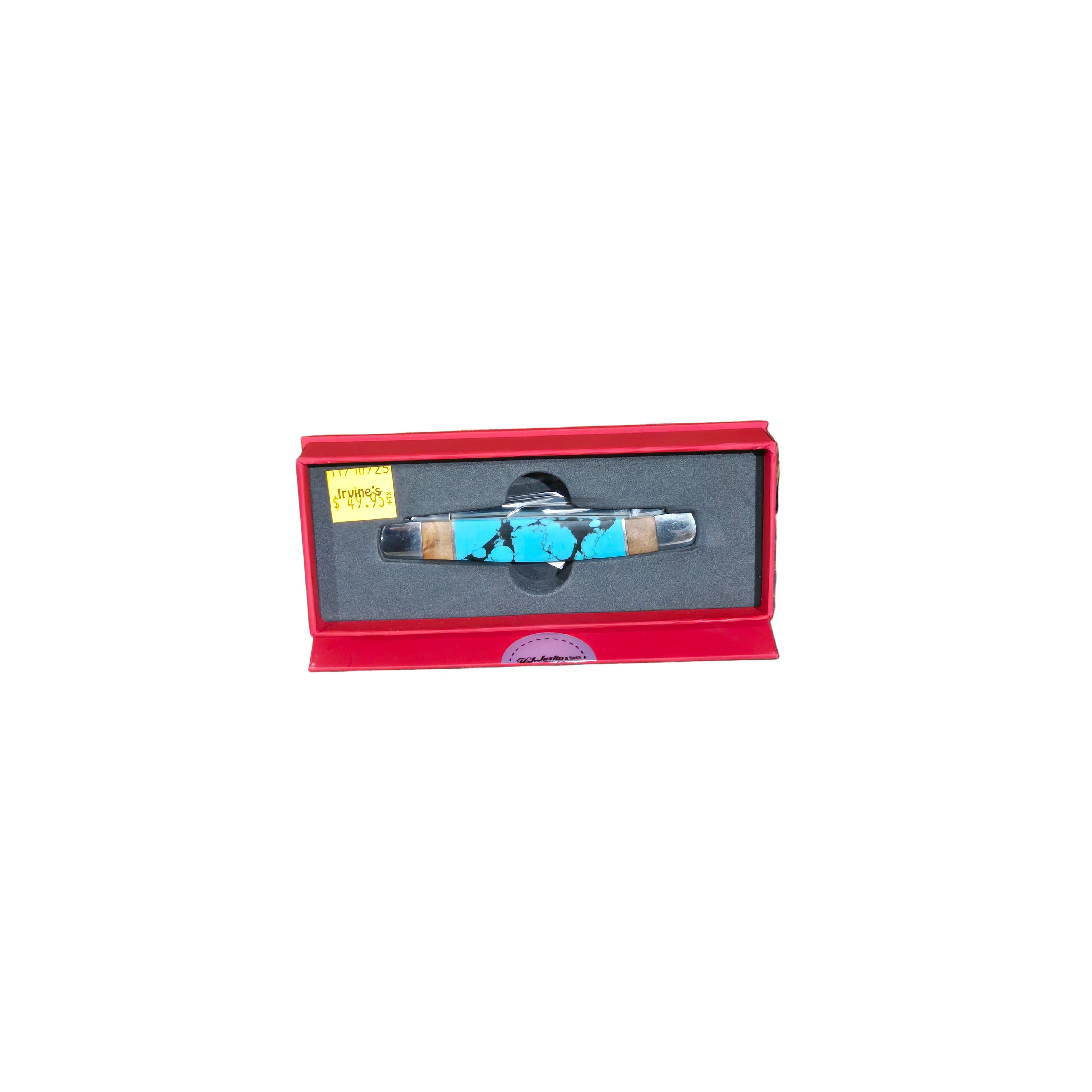 Justin Stockman Knife Stone & Burlwood Handle - Turquoise/Burlwood ...
