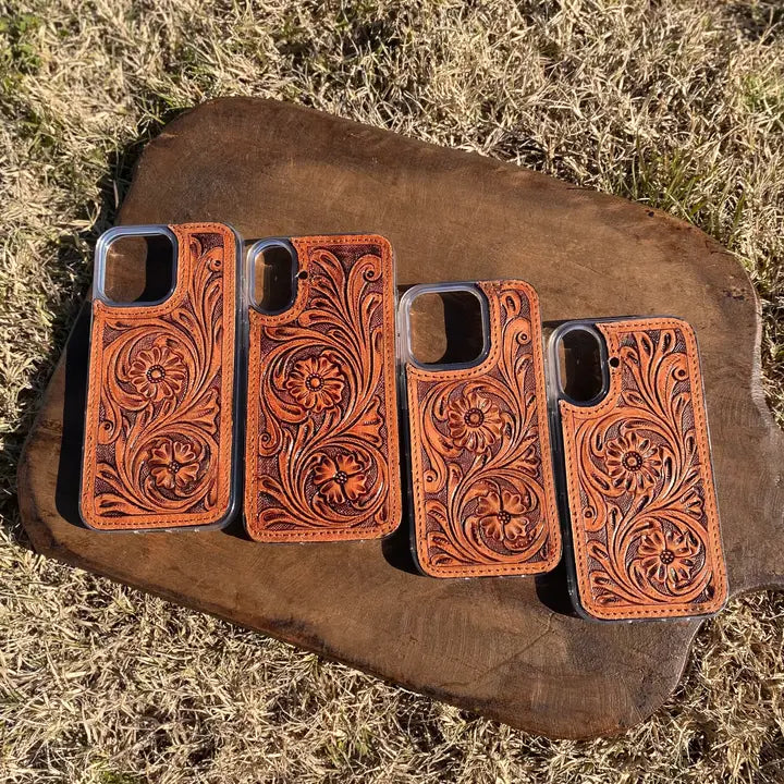 Western Linens 16 Plus Tooled Leather Floral Phone Case