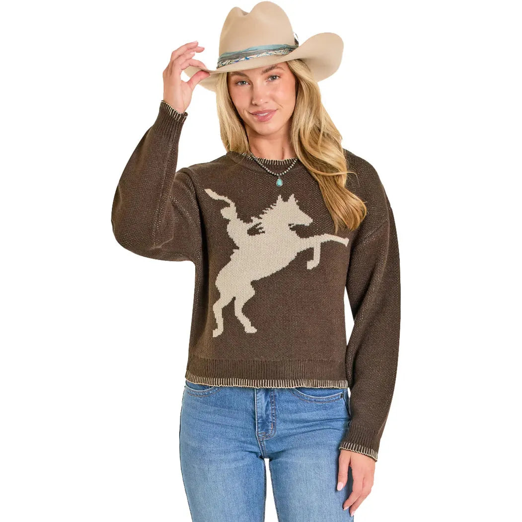 Rock & Roll Women's Blanket Stitch Horse Rider Long Sleeve Sweater - B ...